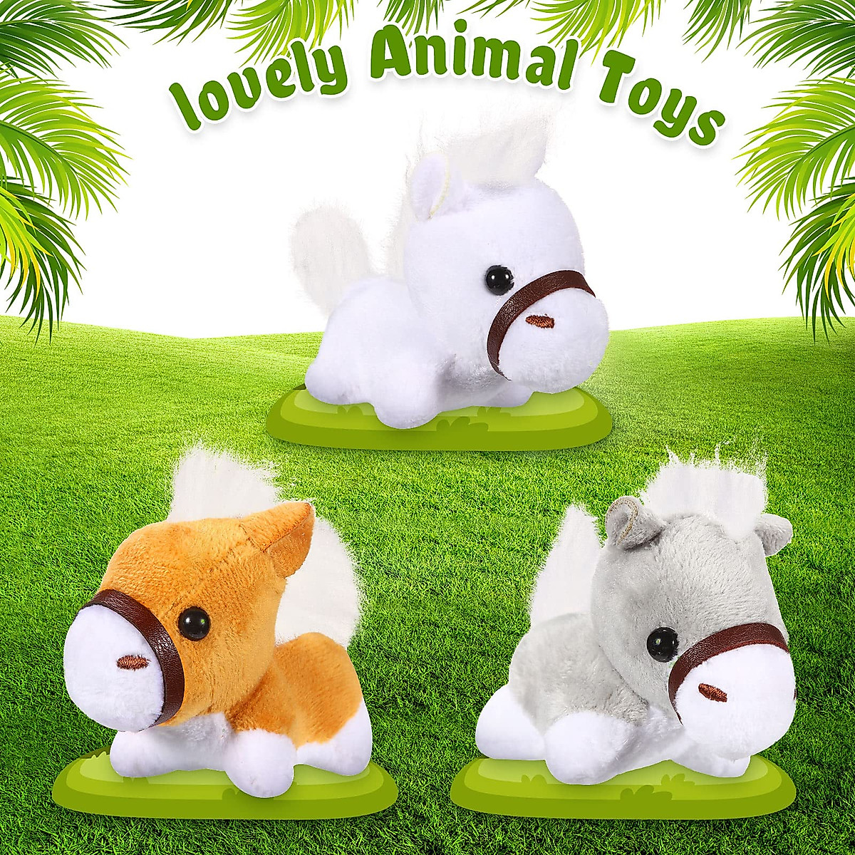 Zomiboo Stuffed Horse, 12 Pcs Assorted Toy Plushies, 3.2 Inch Mini Plush Animals Keychain Party Favors with Detachable Chain for Farm Party Supplies Christmas