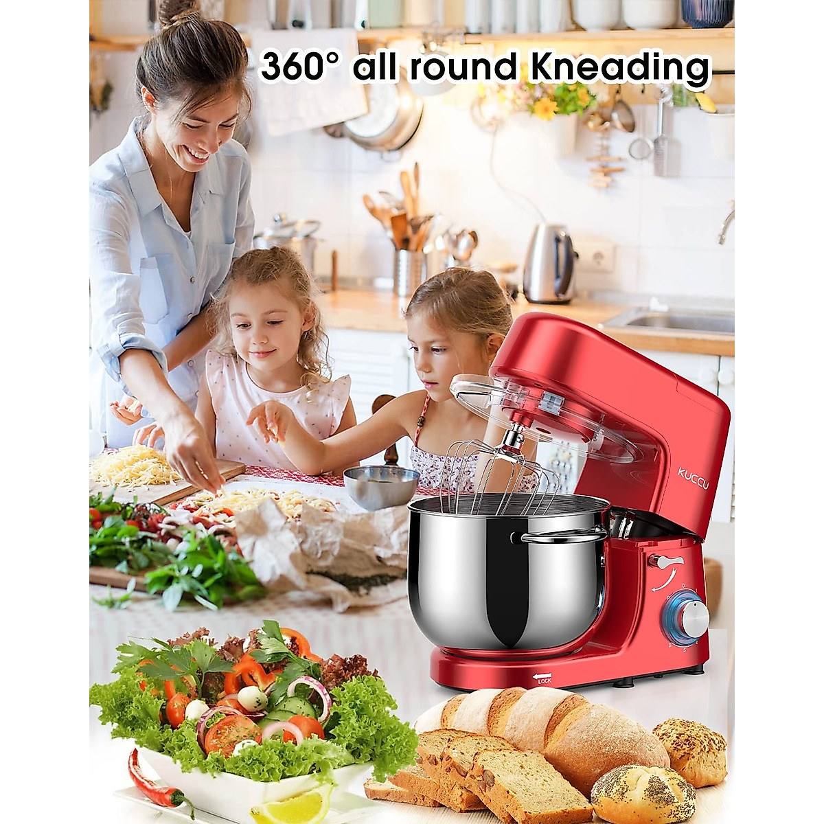 8.5 QT Double Handle KUCCU Stand Mixer, 6 Speed with Pulse Electric Kitchen Mixer, 660W Tilt-Head Food Mixer with Dishwasher-Safe Dough Hook, Flat Beater, Whisk, Splash Guard for home baking (Red)