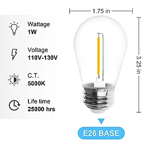 Jslinter S14 5000K Daylight Outdoor String Lights Bulbs Replacement, Shatterproof & Waterproof, 1 Watt LED 11W Equivalent, E26 Base Non-dimmable, Edison Vintage Style for Patio Garden, 24-Pack