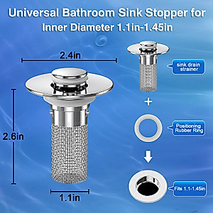 (2PCS) Bathroom Sink Drain Strainer, Pop-up Sink Drain Strainer with Removable Stainless Steel Strainer Basket Hair Catcher, Bathroom Sink Strainer for Bathroom Sink Stopper Replacement