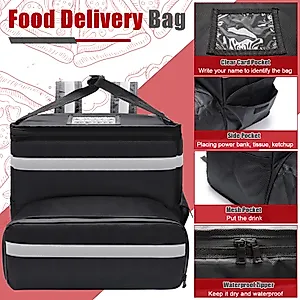 Anglekai Food Delivery Backpack for Bike, Expandable Pizza Delivery Bags with 2 Pockets/ 2 Support Boards/Reflective Strip, Insulated Delivery Bags for Food Delivery Bags for Bike