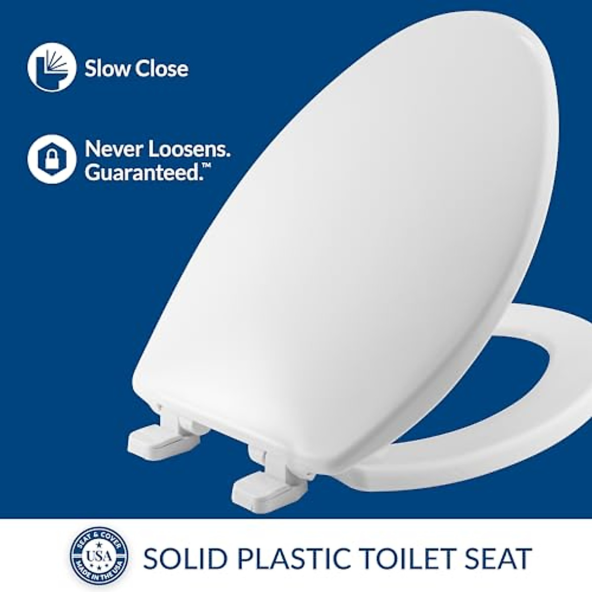 MAYFAIR 1880SLOW 000 Caswell Toilet Seat will Slowly Close and Never Loosen, ELONGATED, Long Lasting Plastic, White