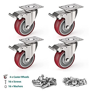 4 inch Heavy Duty Plate Casters Swivel Caster Wheels with Safety Total Lock, Total Capacity 1200lbs (Pack of 4,Red)