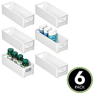 mDesign Small Plastic Bathroom Storage Container Bins with Handles for Organization in Closet, Cabinet, Vanity or Cupboard Shelf, Accessory Organizer for Hair Tools - Ligne Collection - 6 Pack - White