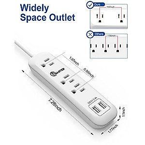 USB Power Strip Surge Protector Long Extension Cord 6 feet, 3 Outlets, 2 USB Ports (2.4A/12W), Overload Protection, Mountable Power Strip for Home Office, 1250W/10A, SGS Listed, White