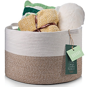 Decorative Jumbo Blanket Basket for Living Room - 100% Cotton Rope Woven Basket for Storage with 2 Easy Carry Handles, Holds up to 40Lb - Ideal for Pillows, Blankets, Laundry Hamper & Baby Toy Bin.