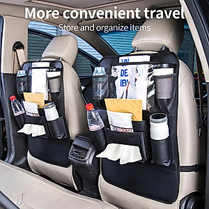 2 Pack PU Leather Premium Car SeatBack Organizer Travel Accessories, Kick Mats Back Seat Protector with Touch Screen Tablet Holder, Car Back Seat Organizer for Kids, Car Travel Accessories