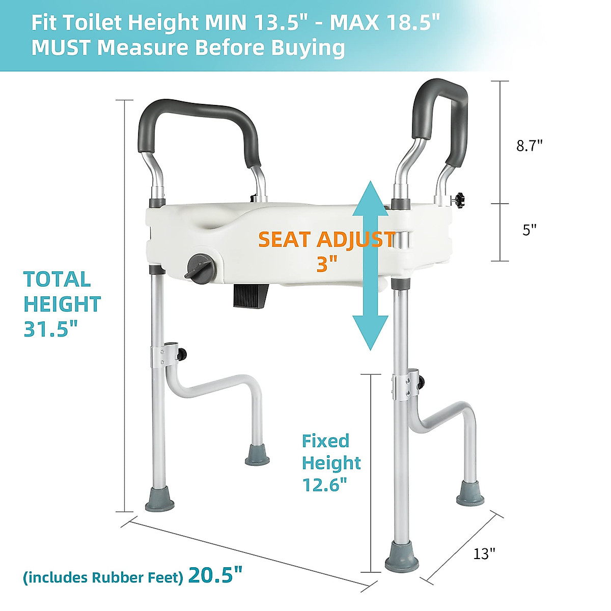 Raised Toilet Seat, Extra Wide Raised Toilet Seat with Handles, 5 Inch Elevated Toilet Seat Riser with Adjustable Legs for Elongated or Standard Commode Heavy Duty Bathroom Assist Safety Frame
