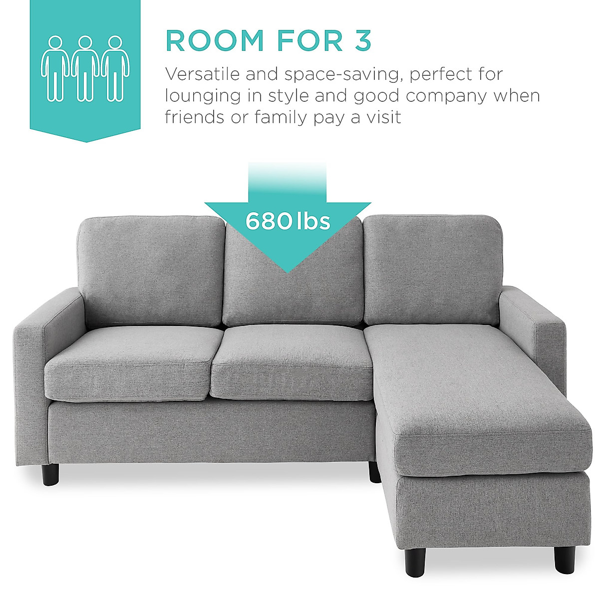 Best Choice Products Upholstered Sectional Sofa for Home, Apartment, Dorm, Bonus Room, Compact Spaces w/Chaise Lounge, 3-Seat, L-Shape Design, Reversible Ottoman Bench, 680lb Capacity - Light Gray