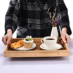 Bamboo Tray with Handle Rectangular Dinner Plate, Wooden Breakfast Tray Coffee Table Tray Suitable for Eating