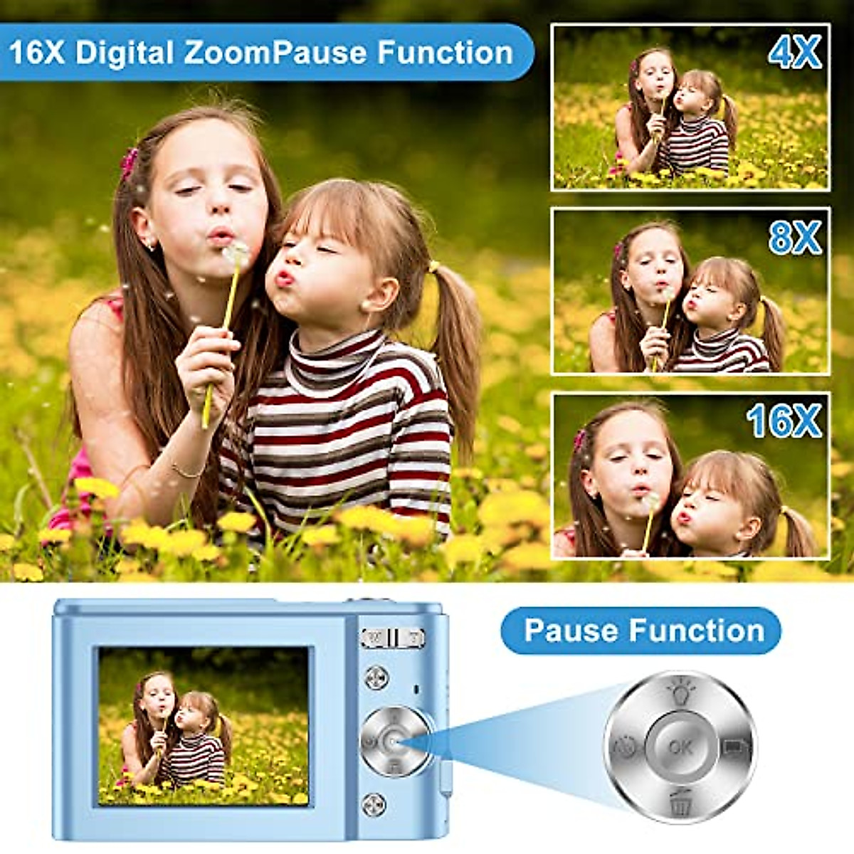 Digital Baby Camera for Kids Boys Girls Adults,1080P 48MP Kids Camera with 32GB SD Card,2.4 Inch Kids Digital Camera with 16X Digital Zoom, Compact Mini Camera Kid Camera for Kids/Teens（Light Blue）