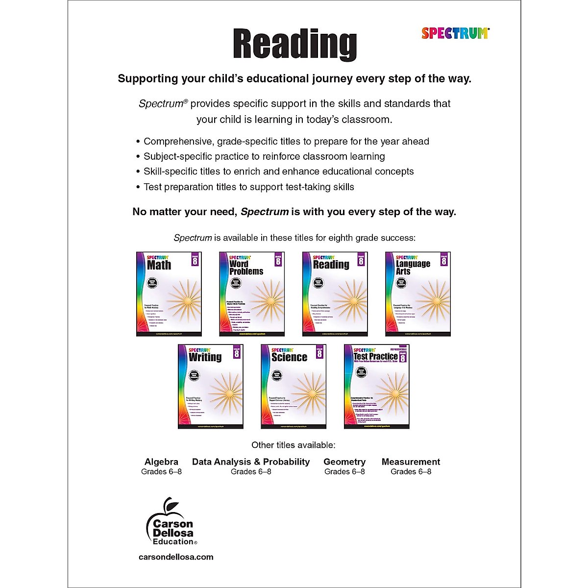 Spectrum Reading Comprehension Grade 8, Ages 13 to 14, 8th Grade Workbooks, Nonfiction and Fiction Passages, Analyzing and Summarizing Story Structure Using Context Clues and Citations - 160 Pages