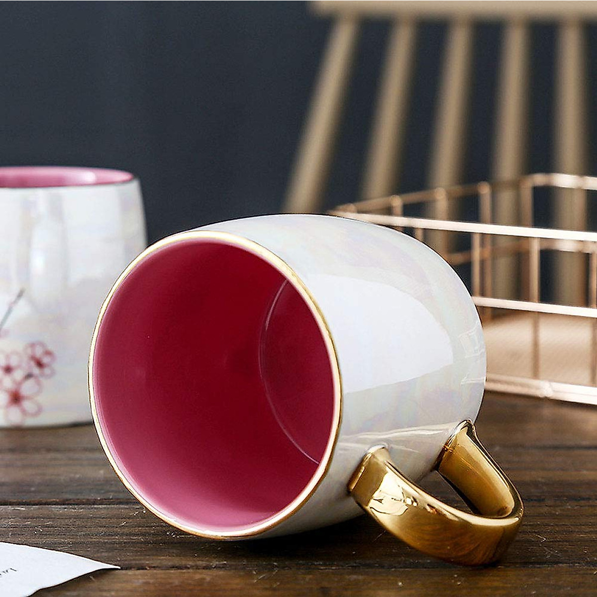 VanEnjoy 13.5oz Gold Rim Pink Cherry Blossom Ceramic Mug Porcelain Coffee Milk Tea Cups with Lid Gold Spoon,Tea Coffee Lovers Gift for Women Office