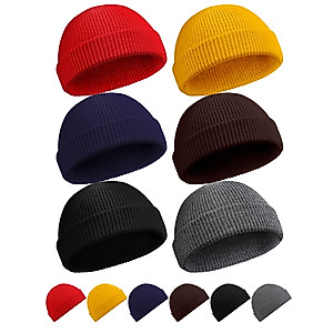 SATINIOR 4 Pieces Winter Short Fisherman Beanie Hat Trawler Beanie Watch Hat Edge Skullcap for Men (Black, Brown, Yellow, Blue, Dark Grey)