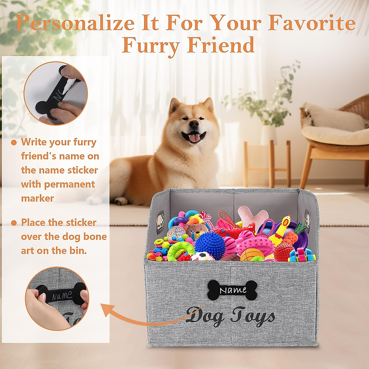 Geyecete Big Dog Toys Storage Bins Canvas Foldable Fabric Trapezoid with metal handles pet Baskets,Can be Personalized,Storage Bin Large toy box Organizer-Snow Gray