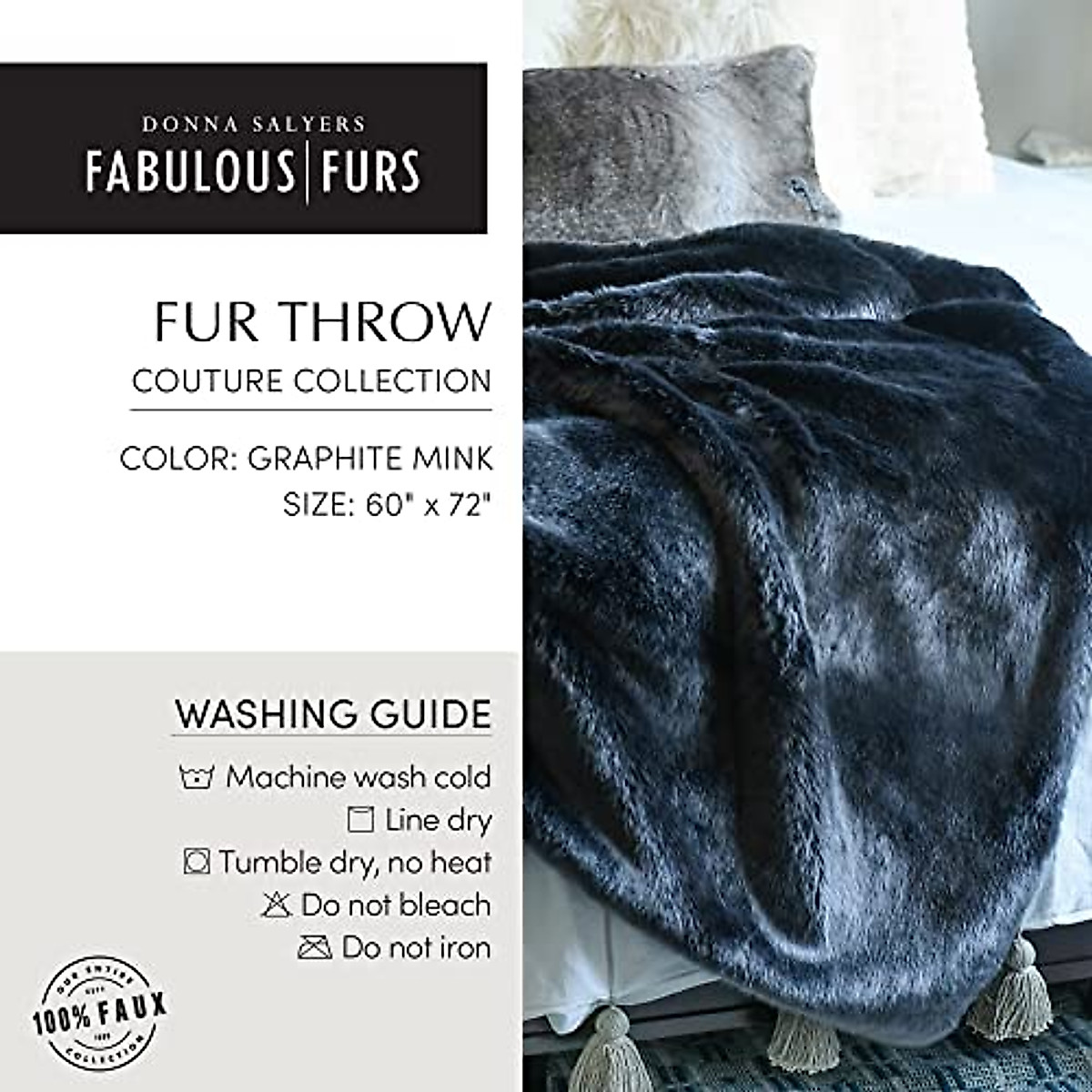 Fabulous-Furs Donna Salyers Couture Mink Faux-Fur Throw Blanket, Soft Blanket, 60x72 in, Graphite