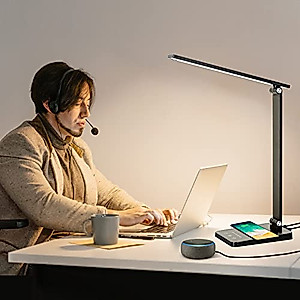 LED Desk Lamp for Home Office, 3 Levels Dimmable Desk Light with USB Charging Port, Small Study Lamp, Reading Light for Table, Deep Black, 5000K