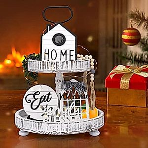 Telihel Tiered Tray Decor Set of 10, Farmhouse Tiered Tray Decorations, Exquisite Relief Design Sign Rustic Table Ornaments with Artificial Succelent Plants, String Lights for Kitchen Home Table Decor