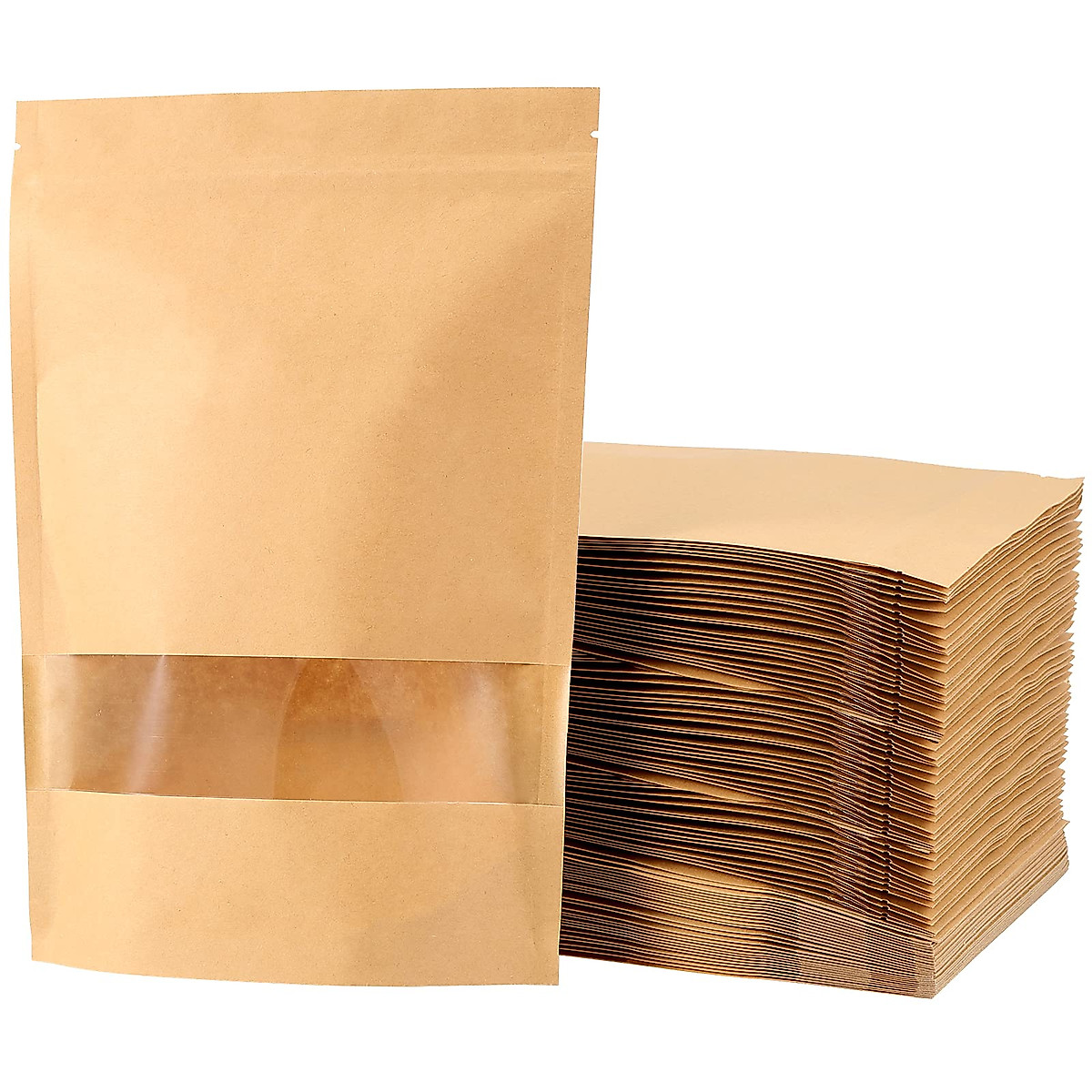 JEUIHAU 200 Pack 7 x 10 Inch Kraft Stand Up Pouch Bags, Kraft Zip Lock Stand Up Bags with with Resealable Zip Lock, Clear Window and Tear Notch for Food Nut Candy Snack Bean