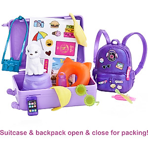 Barbie It Takes Two Doll & Accessories, Travel-themed Set with Puppy, Working Suitcase, Sticker Sheet & 10+ Pieces