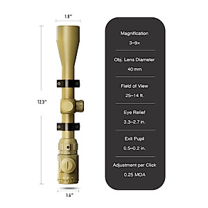PINTY Rangefinder Rifle Scope, 3-9x40 Red Green Illuminated Shotgun Scope with 5 Brightness Levels Mount Rings for Picatinny Weaver Rail, Tactical Hunting Scope for Air Rifle Pellet Gun, Dark Earth