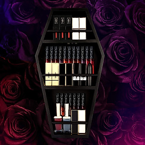 nanayo Makeup Coffin Shelf And Brush Holder – 3 Shelf Makeup Holder for Gothic Decor – Free Standing or Wall Hanging Organizer Spooky Coffin Decor for Bedroom or Bathroom