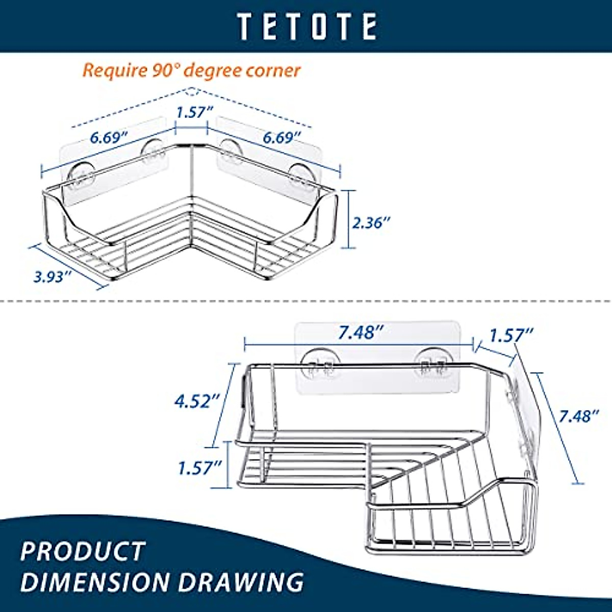 TETOTE Corner Shower Caddy,2-Pack Storage For Inside Shower Adhesive Shelf with Hooks,SUS304 Rustproof No drill Organizer Suction cups for Bathroom Stick On Shelves
