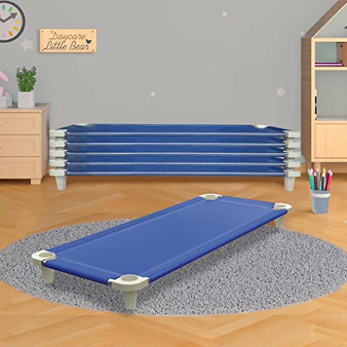 Acrimet Premium Stackable Daycare Nap Cot for Preschool, Naptime for Kids, Classroom Furniture (Stainless Steel Tubes) (Blue Cot Grey Feet) (Pack of 5)