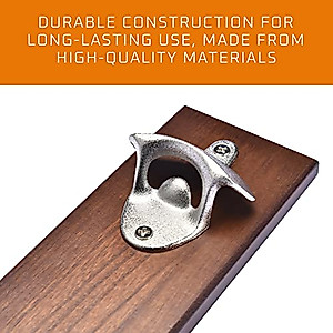 Bruntmor Wall Mount Bottle Opener - 7.87" x 2.75" x 0.55" Portable Mountable Beer Opener - Wooden Magnetic Beer Cap Catcher - Auto-Catch Cap Function & Space-Saver - Vintage Beer Caddy for Men & Dad