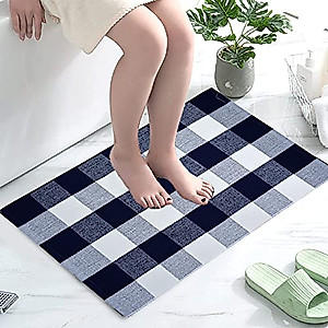 USTIDE Buffalo Plaid Check Rug Navy Blue and White Cotton Rugs 23.6"x35.4"Washable Hand Woven Outdoor Rugs Layered Doormats for Porch Kitchen Farmhouse