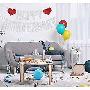 Happy Anniversary Banner, Silver Glitter Anniversary Sign, Wedding Anniversary Party Decorations Supplies Man Woman