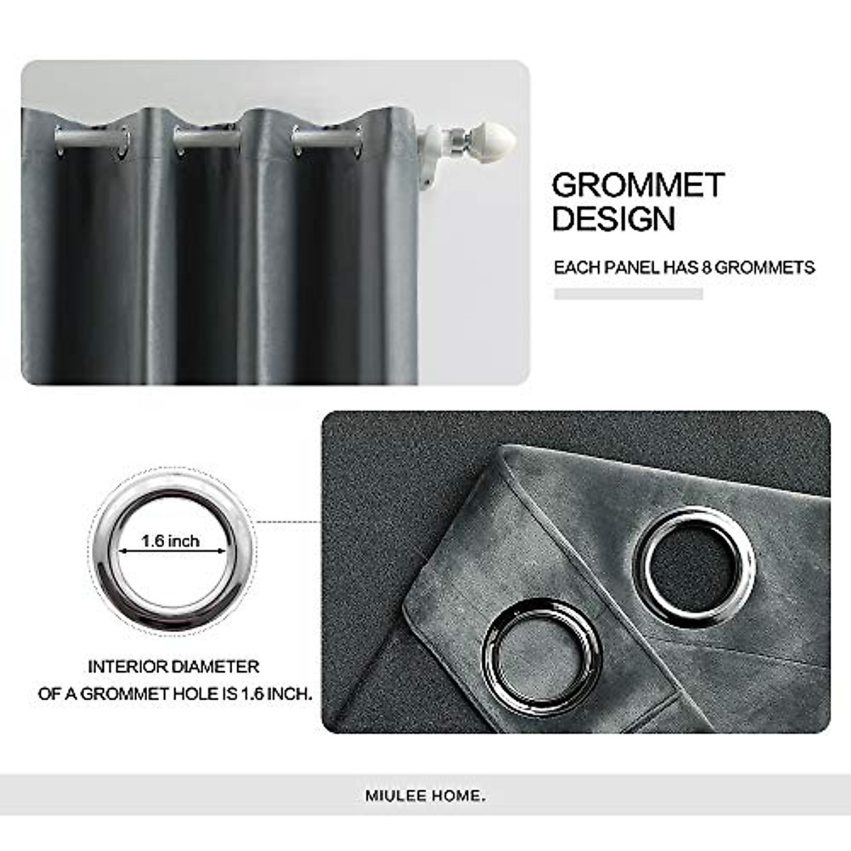 MIULEE 2 Panels Blackout Velvet Curtains Solid Soft Grommet Grey Curtains Bundle Velvet Curtains 108 Inches Long Soft Bedroom Curtains
