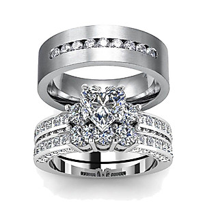 LOVERSRING His and Hers Engagement Wedding Rings Bands Set Stainless Steel Cubic Zirconia Promise Anniversary Ring for Women CZ Couples Bridal Sets Mens Matching Band