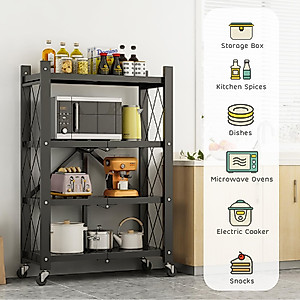 Pokfeic All-in-one Heavy Duty Storage Shelving Unit, Foldable Storage Shelves with Wheels, 4-Tire Utility Rolling Cart, Foldable Easy to Install Metal Standing Shelf, Max Loading 400lbs (Black)