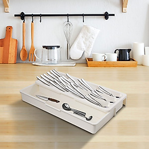 Faridabio Kitchen Drawer Organizer Tray,Expandable Cutlery Silverware Organizer Storage Tray for Kitchen Drawer Flatware Spoons Forks,Creamy White