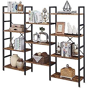 SUPERJARE Triple 4 Tier Bookshelf, Bookcase with 11 Open Display Shelves, Wide Book Shelf Book Case for Home & Office, Rustic Brown