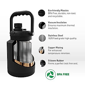 Asobu Mini Stainless Steel Double Walled Vacuum Insulated 33 Ounce Jug With Full Hand Easy Carry Handle and Pop Up Straw (Black)