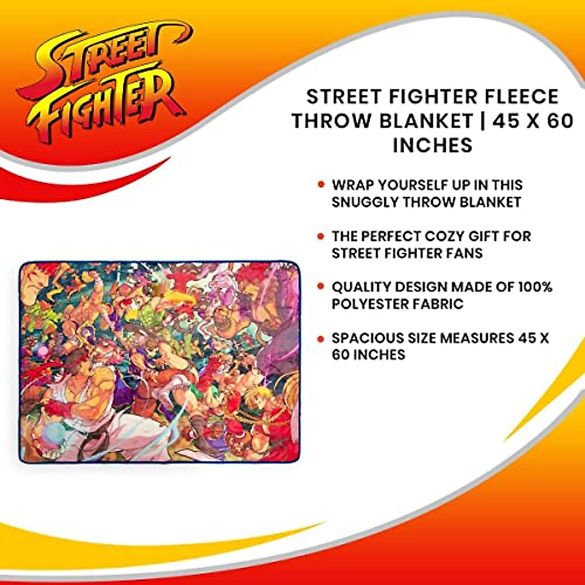Street Fighter Fleece Throw Blanket | Plush Soft Polyester Cover For Sofa and Bed, Cozy Home Decor, Luxury Room Essentials | Capcom Video Game Gifts For Adults and Kids | 45 x 60 Inches