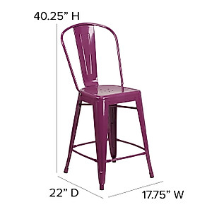 EMMA + OLIVER Commercial Grade 24" H Purple Metal Indoor-Outdoor Counter Height Stool with Back