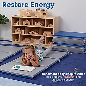 ECR4Kids Premium Folding Rest Mat, 3-Section, 1in, Sleeping Pad, Blue/Grey, 5-Pack