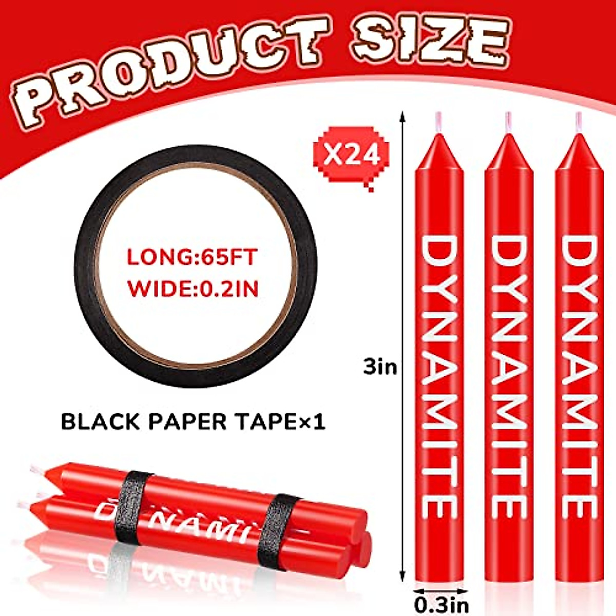 24 Pieces Dynamite Birthday Candle Party Cake Candle TNT Themed Candles for Cake Dynamite Candles Cool Birthday Candles TNT Cake Toppers with Black Paper Tape for Birthday Video Game Party Decoration