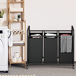 SUOERNUO Laundry Sorter Basket 3 Bag Laundry Hamper Cart with Rolling Lockable Wheels and Removable Bags Organizer Cart for Clothes Storage, Black