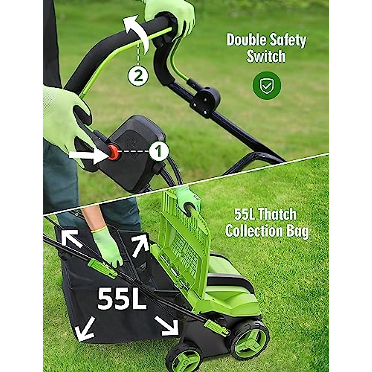 (2023 Upgraded) SWIPESMITH 16” 15 Amp Electric Dethatcher Scarifier, Lawn Dethatcher with 5-Position Depth Adjustment, 14.5 Gal Removable Thatch Collection Bag, Quick-Fold, Keeps Lawn Health
