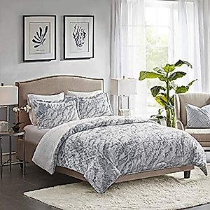 Madison Park Lana Soft Plush Comforter Set, Long Faux Faux Fur Marble Pattern, Faux Mink On The Reverse, Modern All Season Down Alternative Bedding Set with Matching Sham, King, Grey/Blue 3 Piece