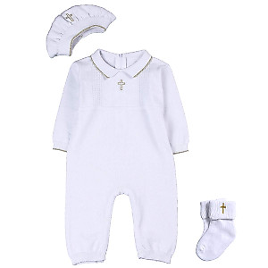 HAPIU Baby Boy Baptism Outfit with Hat Christening Outfit-Cross Detail, 6-9M, Pure White