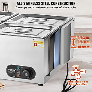 VEVOR 110V 4-Pan Commercial Food Warmer, 1200W Electric Steam Table 15cm/6inch Deep, Professional Stainless Steel Buffet Bain Marie 48 Quart for Catering and Restaurants