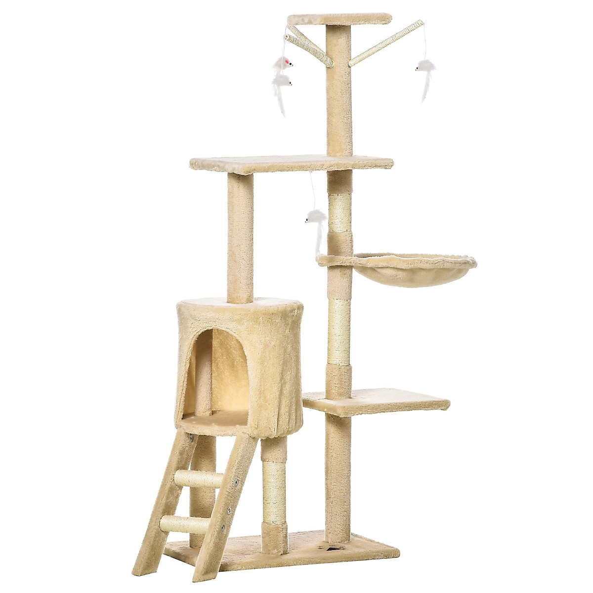 PawHut 53" Plush Sturdy Interactive Cat Condo Tower Scratching Post Activity Tree House - Beige