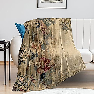 Aubusson Antique French Tapestry Print Flannel Fleece Throw Blankets 50"X40" Lightweight Fluffy Winter Fall Blanket Cozy Soft Fuzzy Plush Home Decor for Couch Bed Sofa Bedroom Living Room Travel