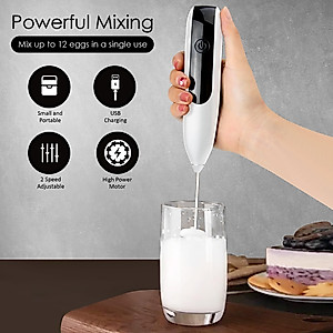 GOCHA Gadgets | Rechargeable Milk Frother Handheld with Stand | Electric Frother Mixer | Foamer for Coffee, Cappuccino, Latte, Matcha | 2 Speed Adjustable | Portable Type-C Wireless Charging | (White)