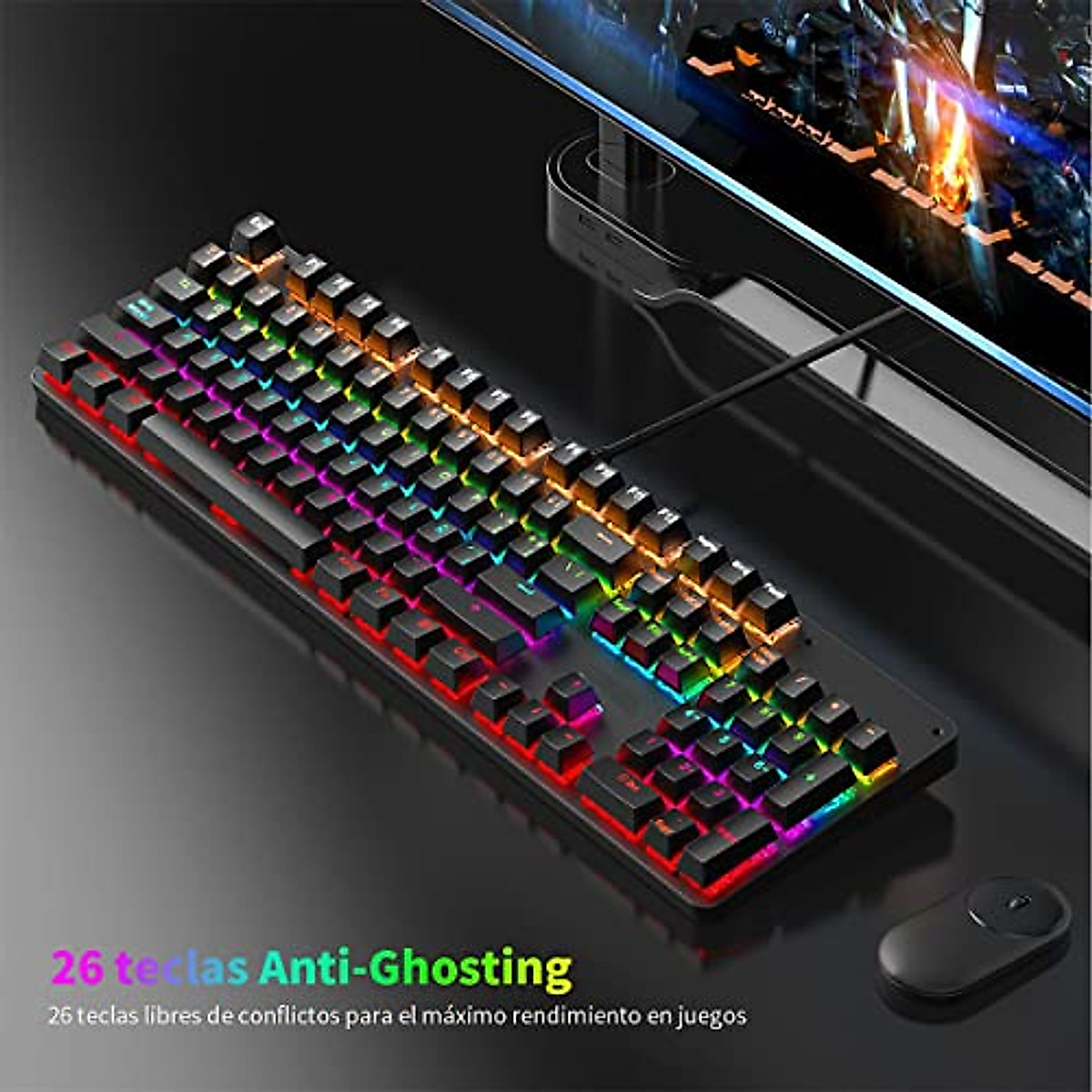 eboxer-1 Gaming Keyboard, USB Wired Keyboard with RGB Rainbow Backlit, 104 Keys Spanish Keyboard with Ñ and Blue Switch, Mechanical Keyboard for Desktop Notebook